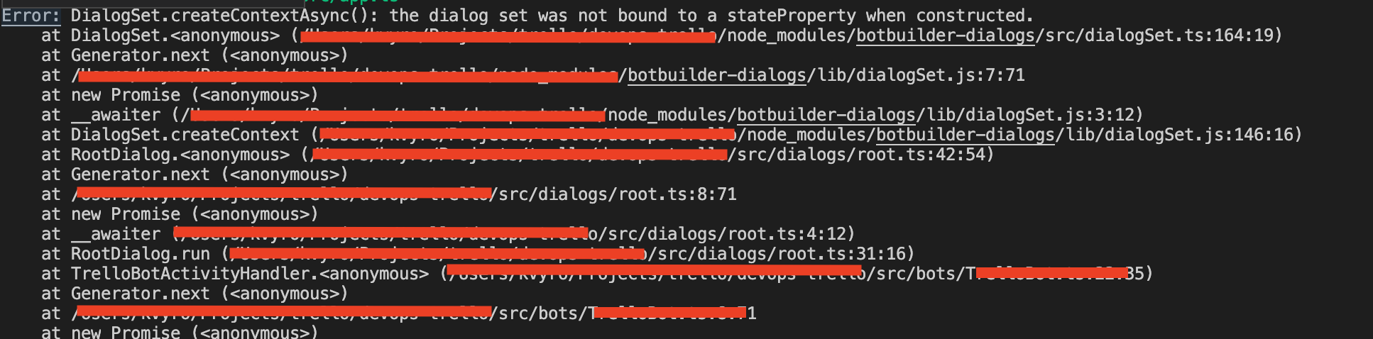DialogSet.createContextAsync(): the dialog set was not bound to a stateProperty when constructed ...