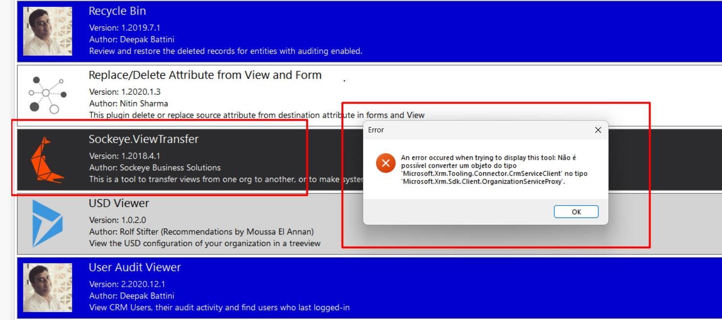 [BUG] Sockeye.ViewTransfer issue · Issue #1187 · MscrmTools/XrmToolBox · GitHub
