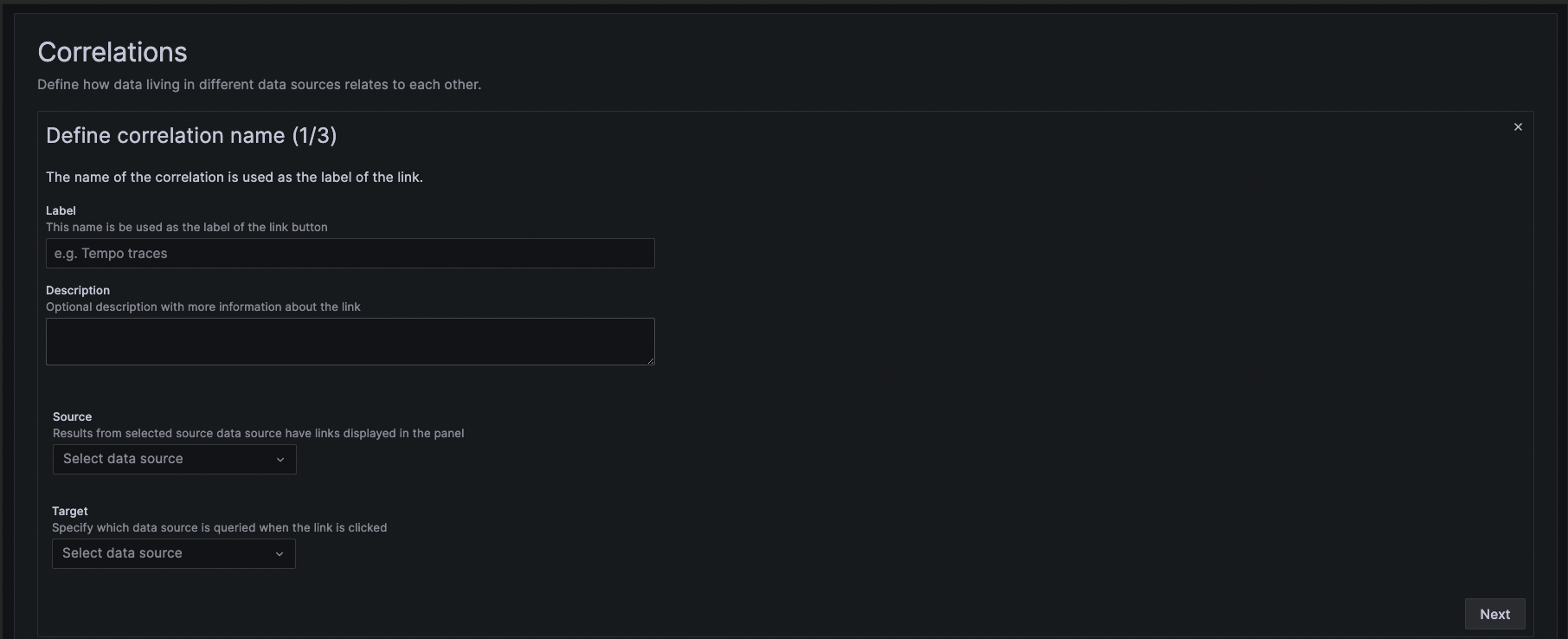 Correlations: Add source and target datasource dropdowns to step 1 · Issue #69705 · grafana ...
