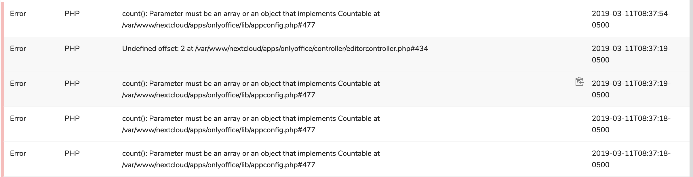 count():Parameter.....onlyoffice/lib/appconfig.php#477 error in logs · Issue #62 · ONLYOFFICE ...