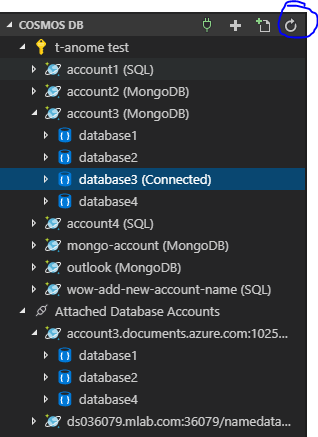 Refresh button doesn't refresh attached accounts · Issue #904 · microsoft/vscode-cosmosdb · GitHub
