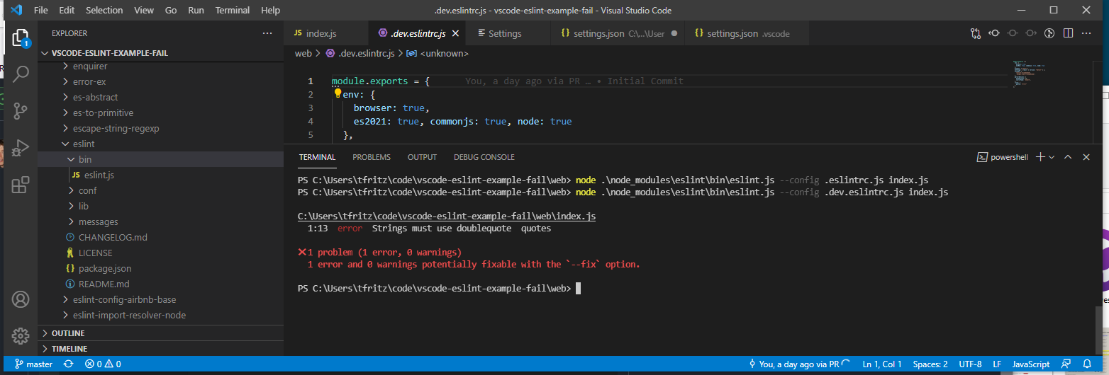Plugin fails when specifying a different eslint config · Issue #1276 · microsoft/vscode-eslint ...