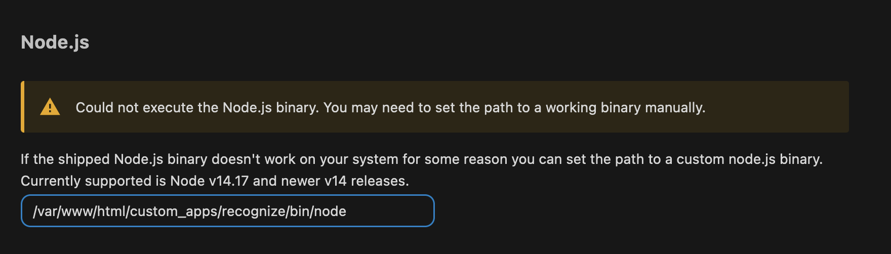 Classifier process output: sh: exec: line 0: /var/www/html/custom_apps/recognize/bin/node: not ...