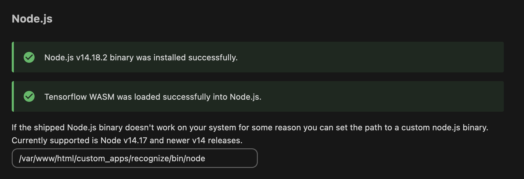 Classifier process output: sh: exec: line 0: /var/www/html/custom_apps/recognize/bin/node: not ...