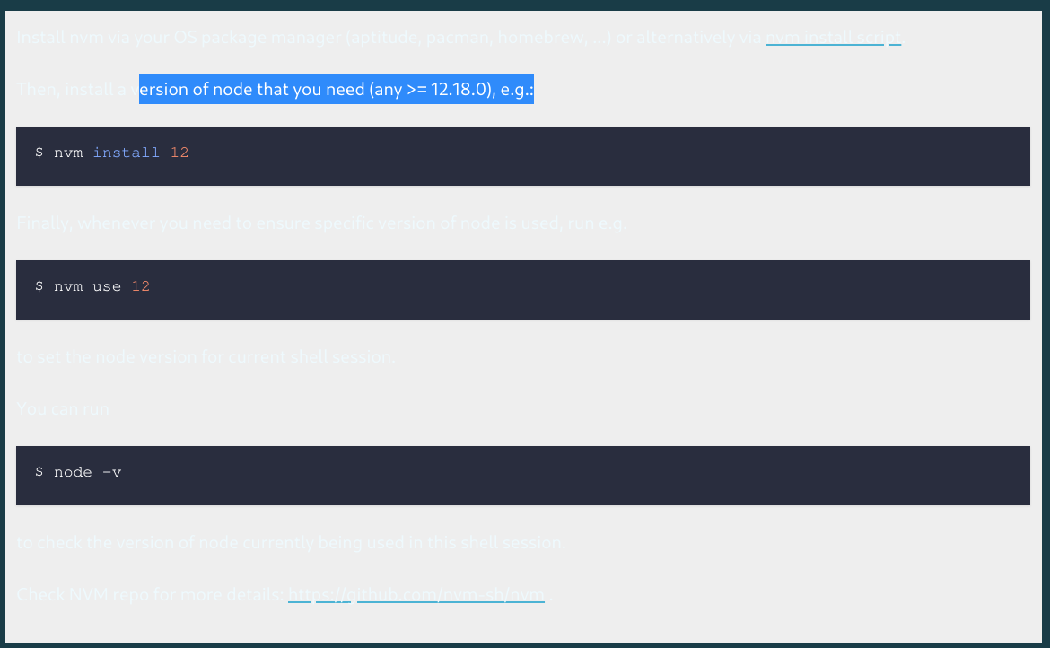 Nvm installation instructions are unreadable when using Dark Mode · Issue #324 · wasp-lang/wasp ...
