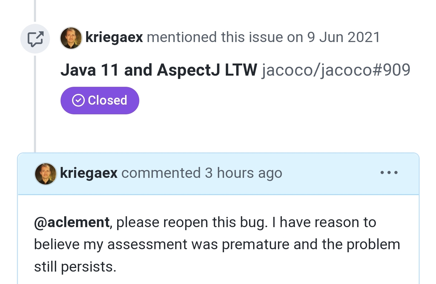JaCoCo 0.8.4 and Java 11 Agent Conflict · Issue #68 · eclipse-aspectj/aspectj · GitHub