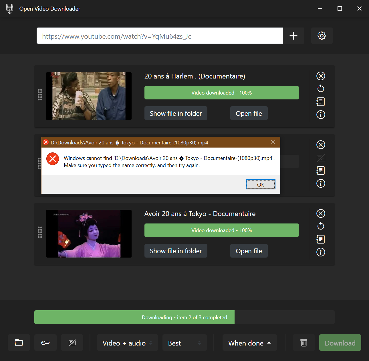 'Show file in folder' and 'Open file' don't work on files with accents ...