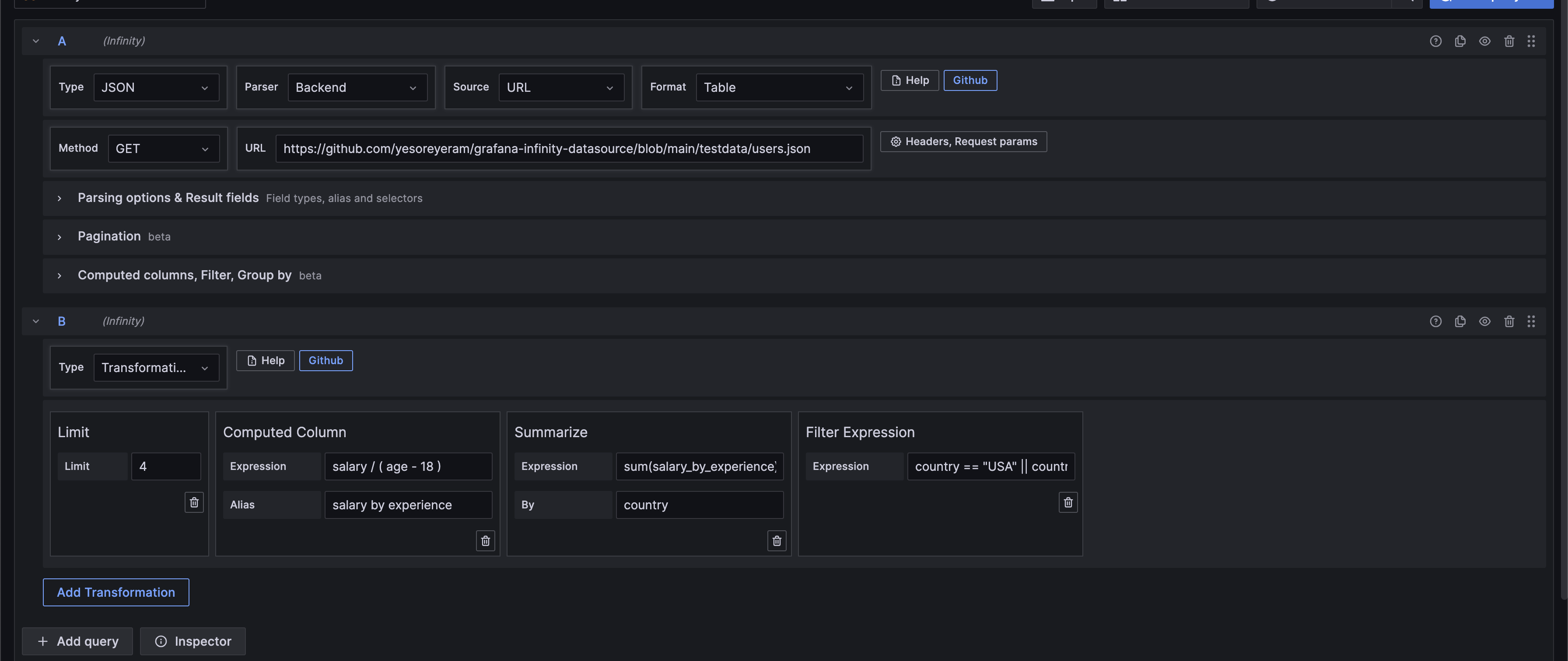Server Side Transformations · Grafana Grafana Infinity Datasource 4032