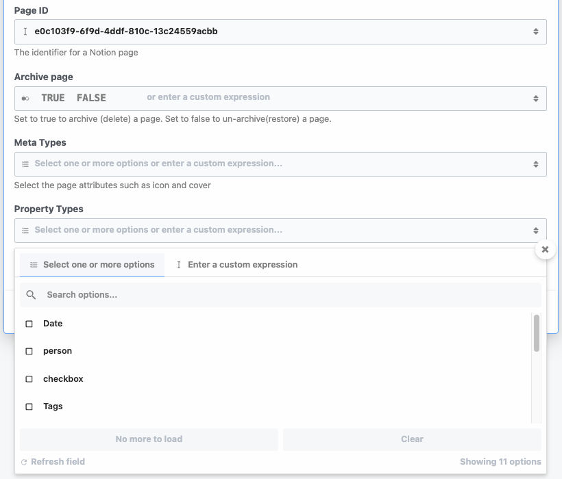 [BUG] Notion Update Page Properties not listing when a path for Page ID from a previous result ...
