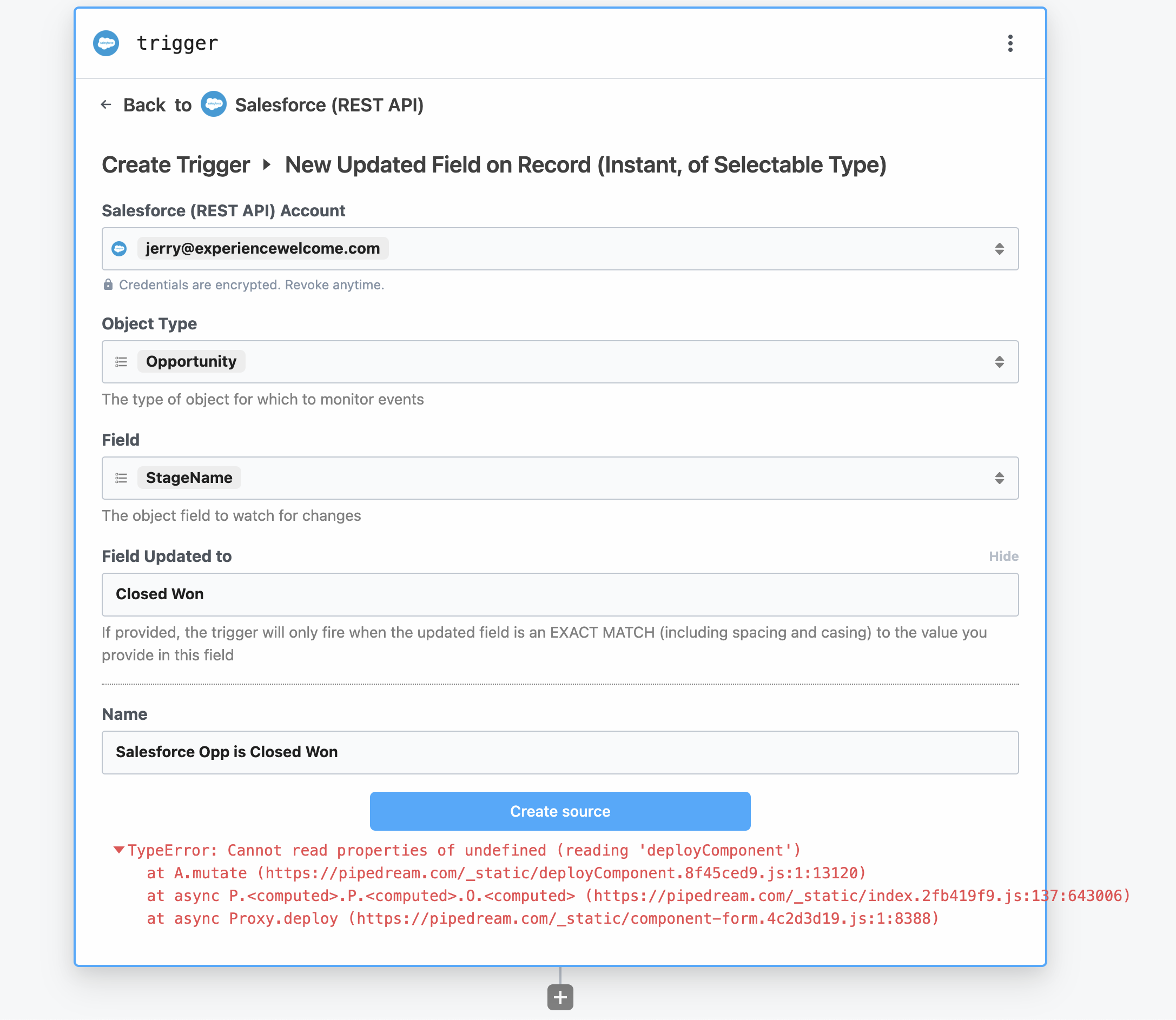 [BUG] Salesforce webhook crashes on creation · Issue #6130 · PipedreamHQ/pipedream · GitHub