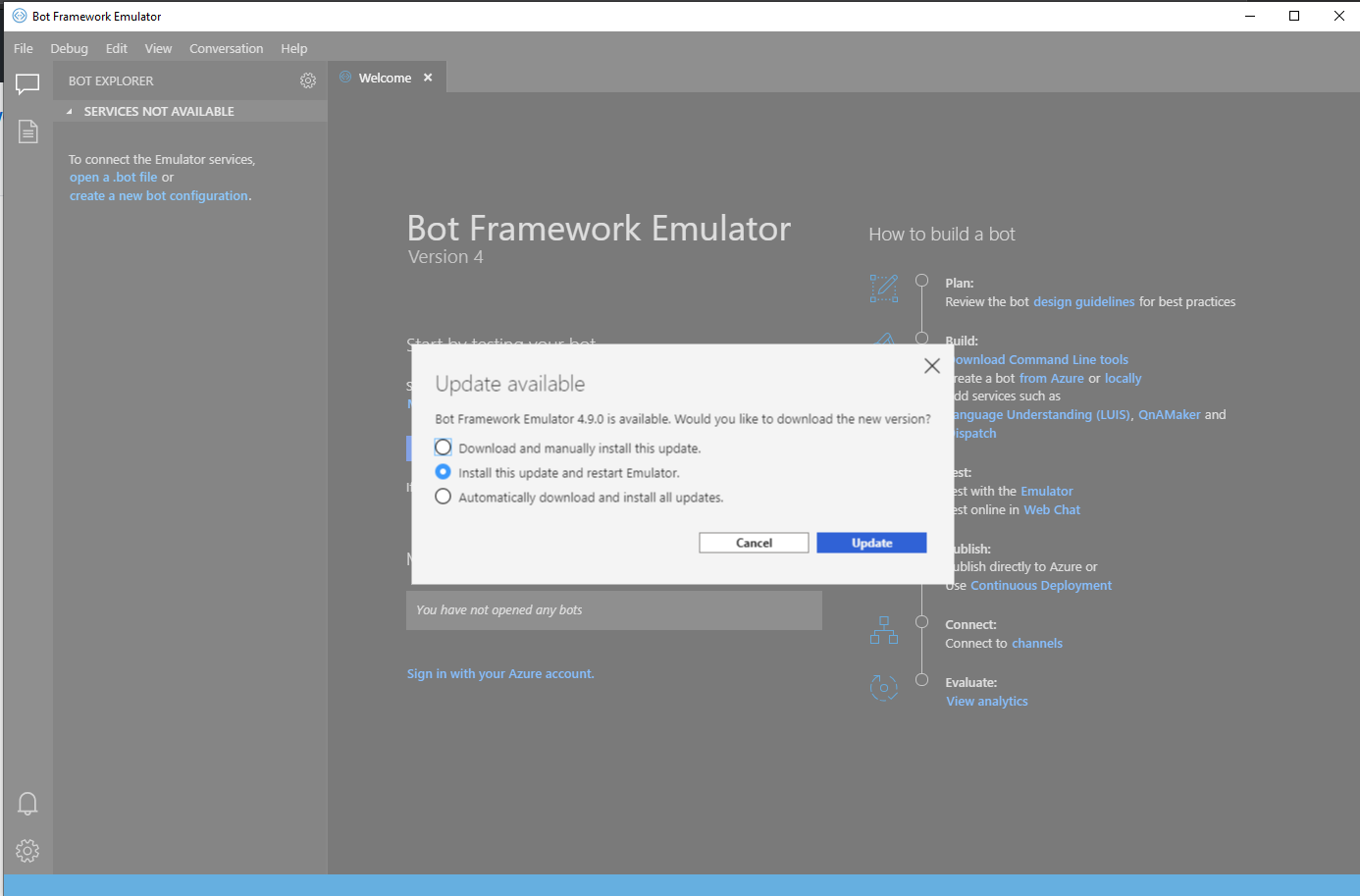 Emulator 4.9 version infinite software update · Issue #2167 · microsoft/BotFramework-Emulator ...