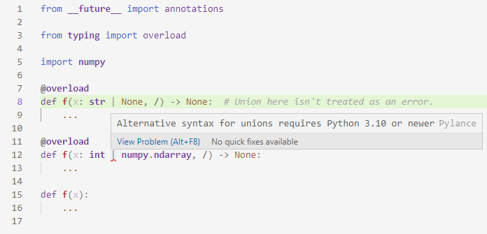 Unstable annotation errors about unions using "|", with overloads and ...