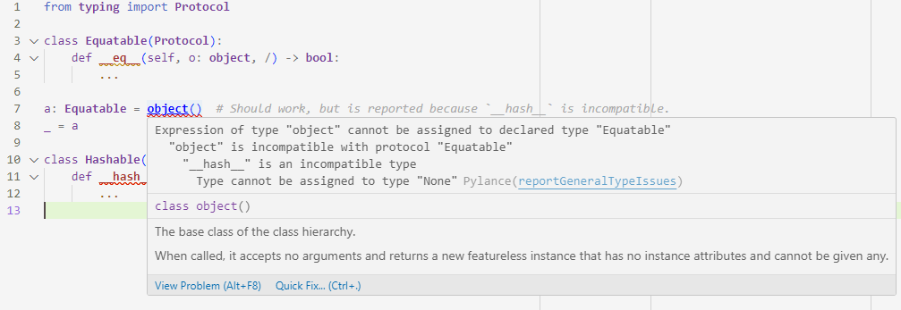 Recent change makes Equatable protocol no longer work · Issue #5753 · microsoft/pyright · GitHub