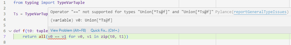 Operator "==" is (incorrectly) not supported on something with type of union of a `TypeVarTuple ...