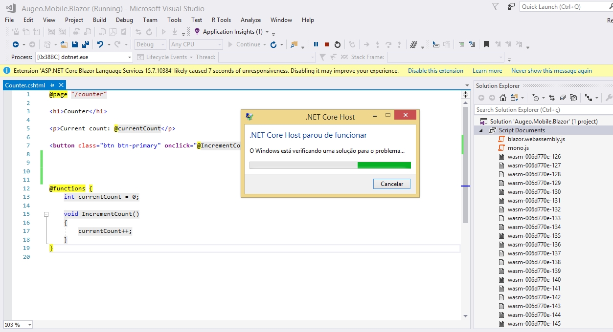 Blazor with Kelstrel crashes vs · Issue #15678 · dotnet/aspnetcore · GitHub