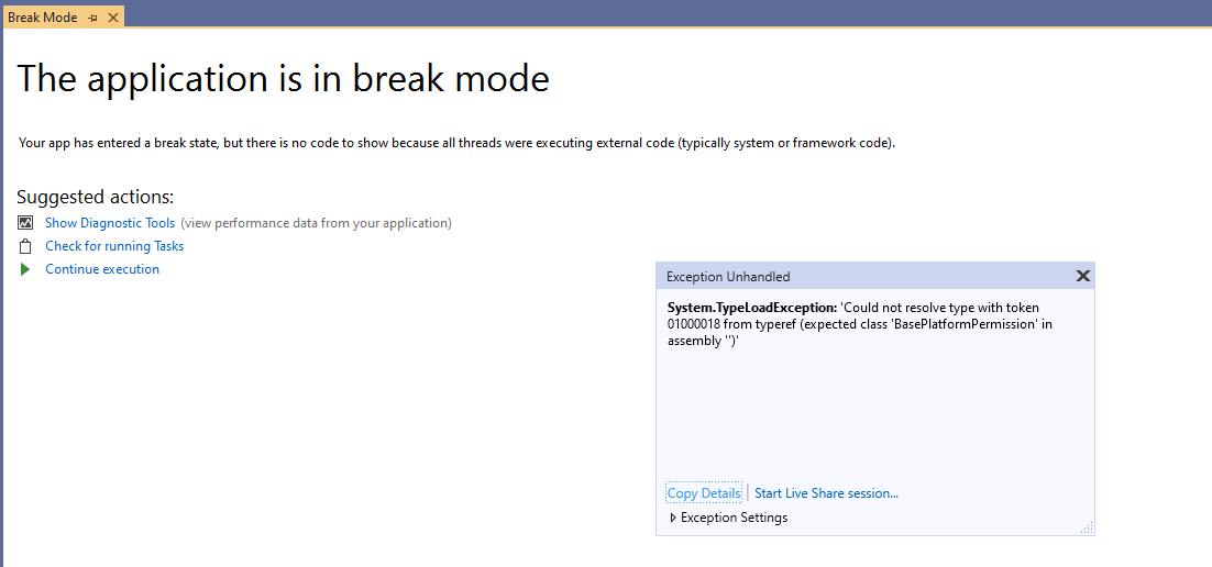 Error when called CrossMedia.Current.TakePhotoAsync() as: Could not resolve type with token ...