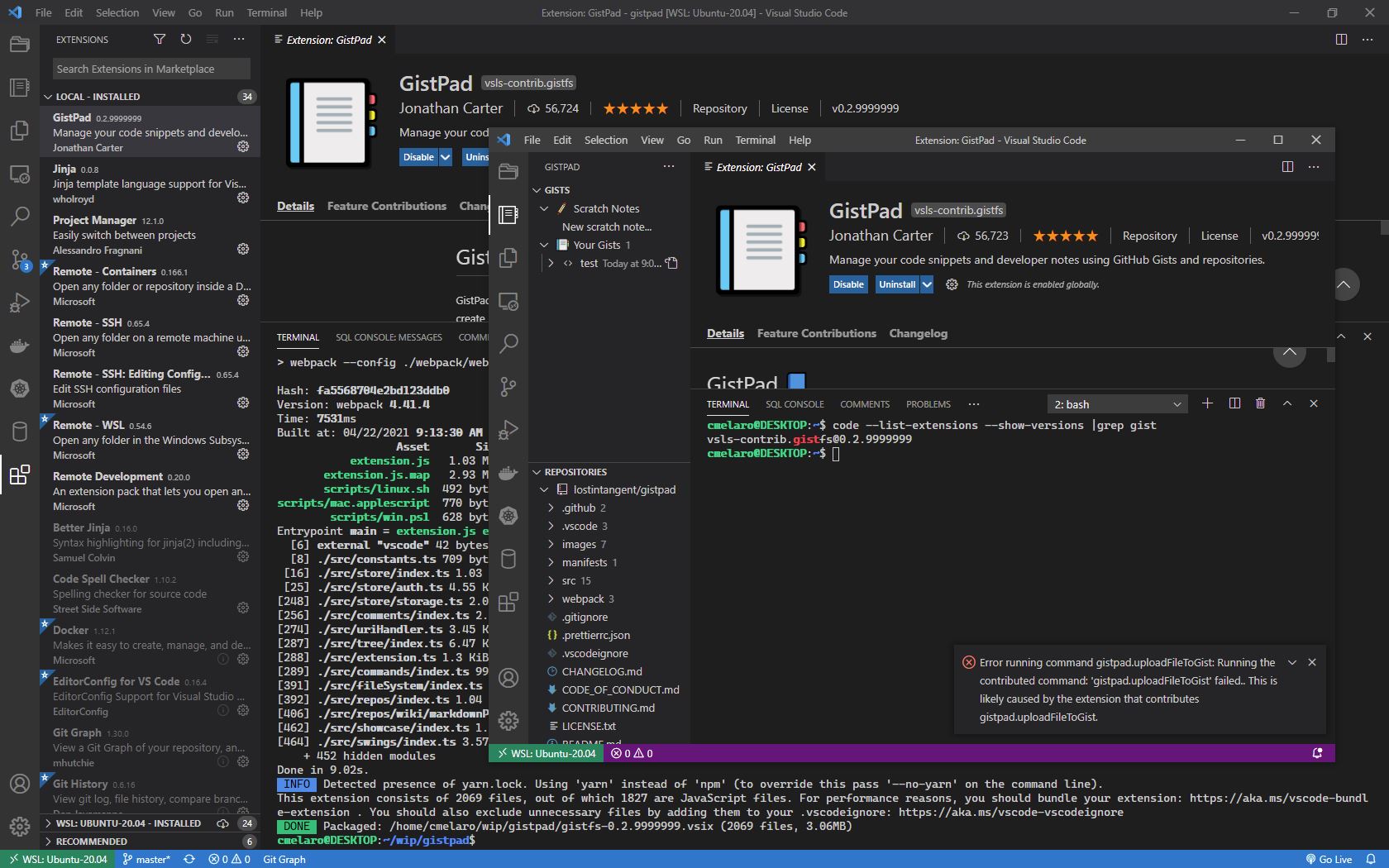 Upload File(s) to Gist fails while using Remote-WSL connection · Issue #221 · lostintangent ...
