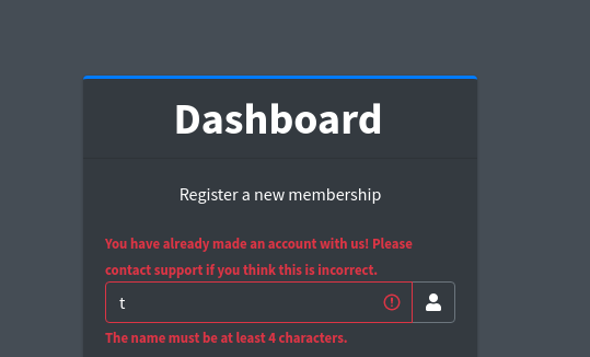 Too short username shows error message stating account already exists ...