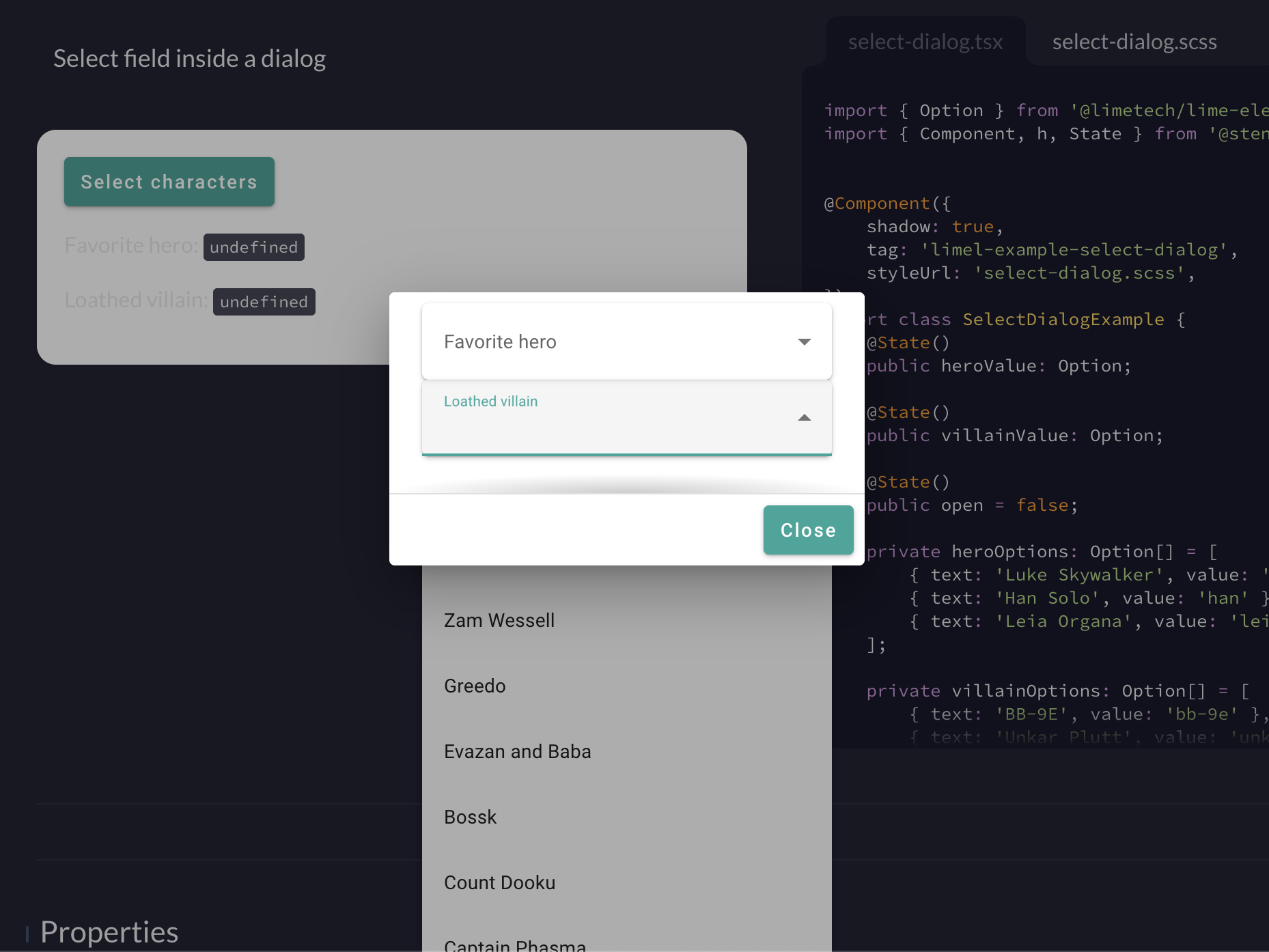 Select menu appears underneath dialog (seems to only be an issue in the docs) · Issue #979 ...
