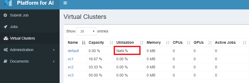Virtual Clusters shows 'NaN %' Utilization for default vc · Issue #709 · microsoft/pai · GitHub