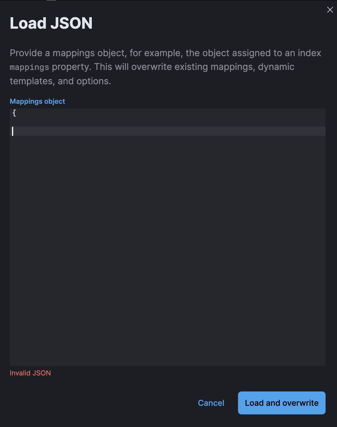 Mappings Editor Json Load Button Doesnt Gray Out If Json Is Invalid · Issue 105932 · Elastic