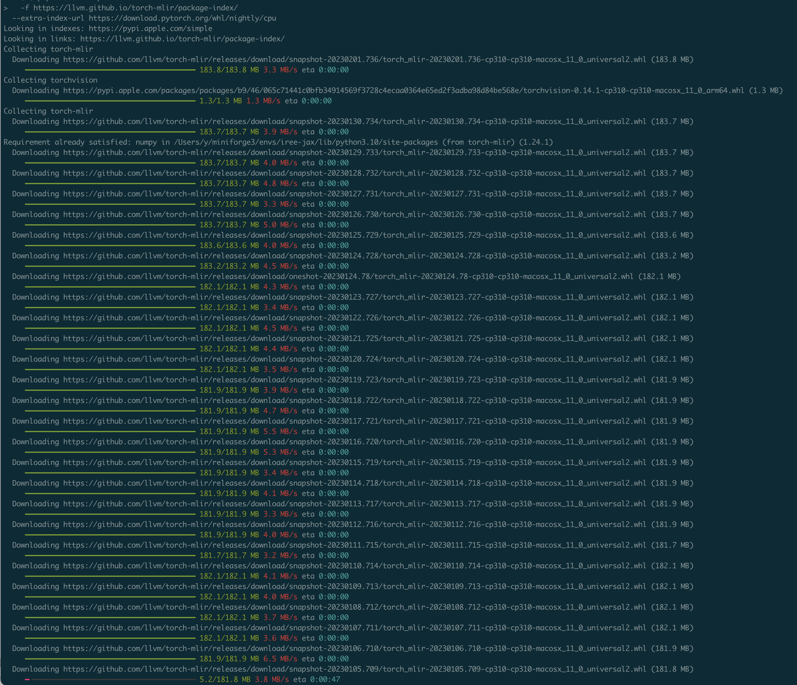 Pip Install Torch Mlir Keeps Downloading All The Versions Of The Package But Does Not Install