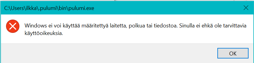 "pulumi.exe failed to run" on fresh install · Issue #3394 · pulumi/pulumi · GitHub