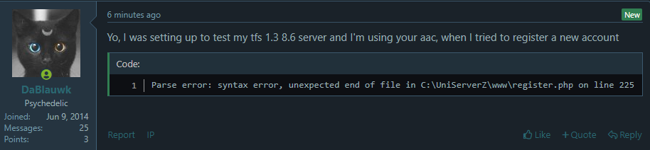 Syntax error in register.php · Issue #351 · Znote/ZnoteAAC · GitHub