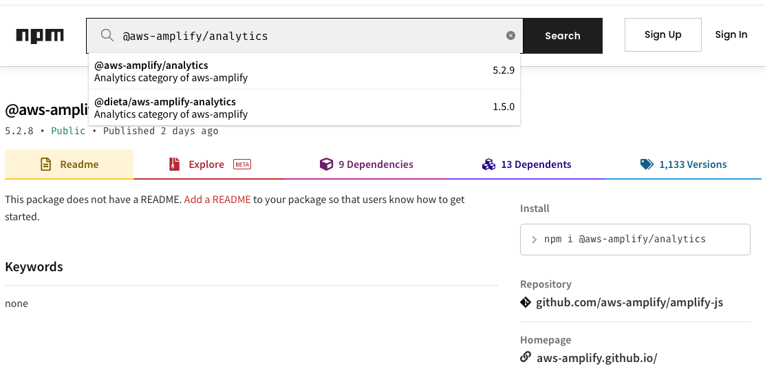 Unable to install aws-amplify: @aws-amplify/analytics@5.2.9 is not on ...