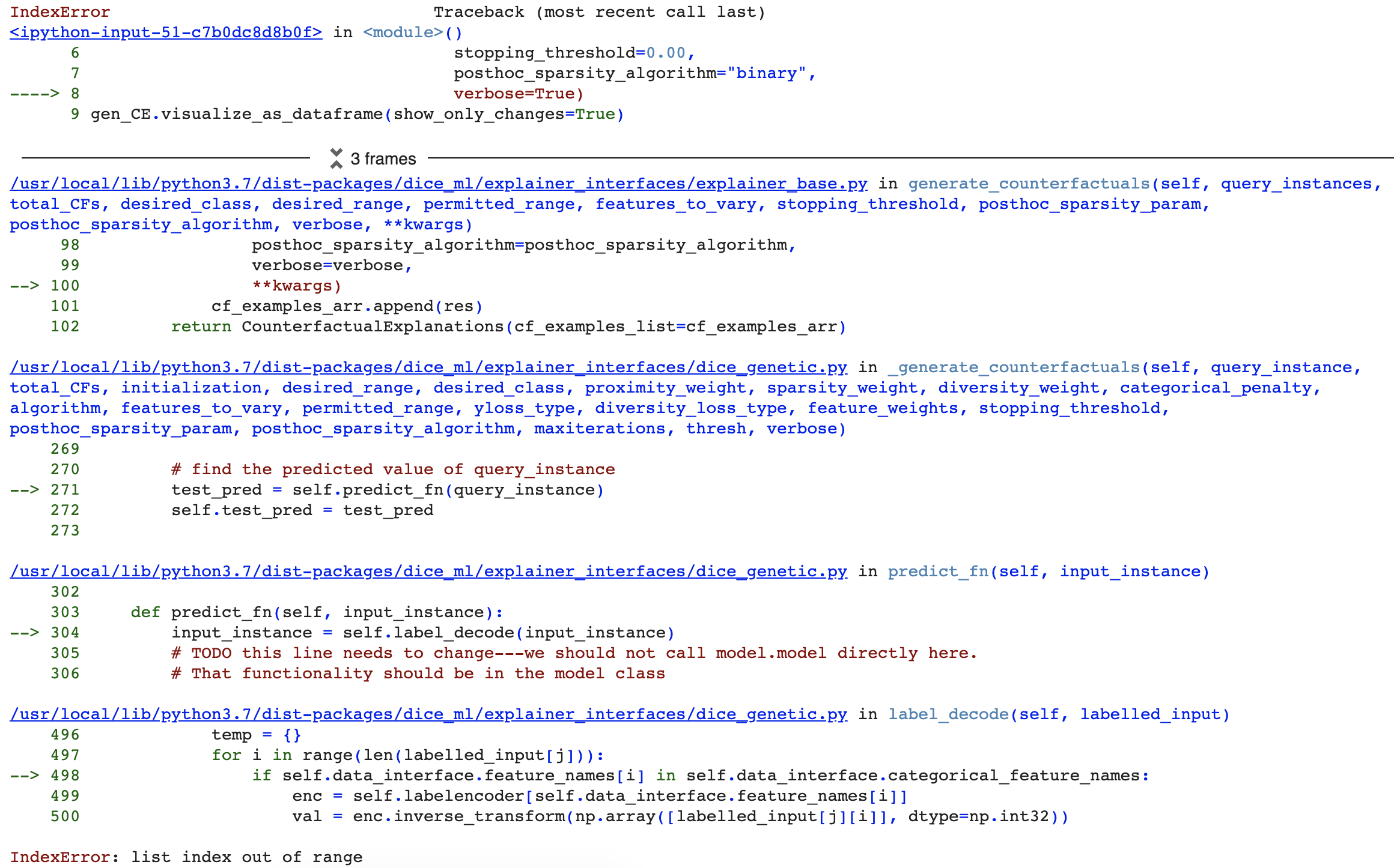 IndexError with no categorical features (again?) · Issue #168 · interpretml/DiCE · GitHub