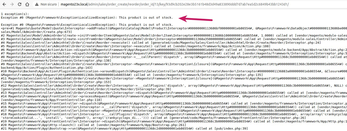 Reorder feature in the administration page thrown an error when a product is out of stock ...