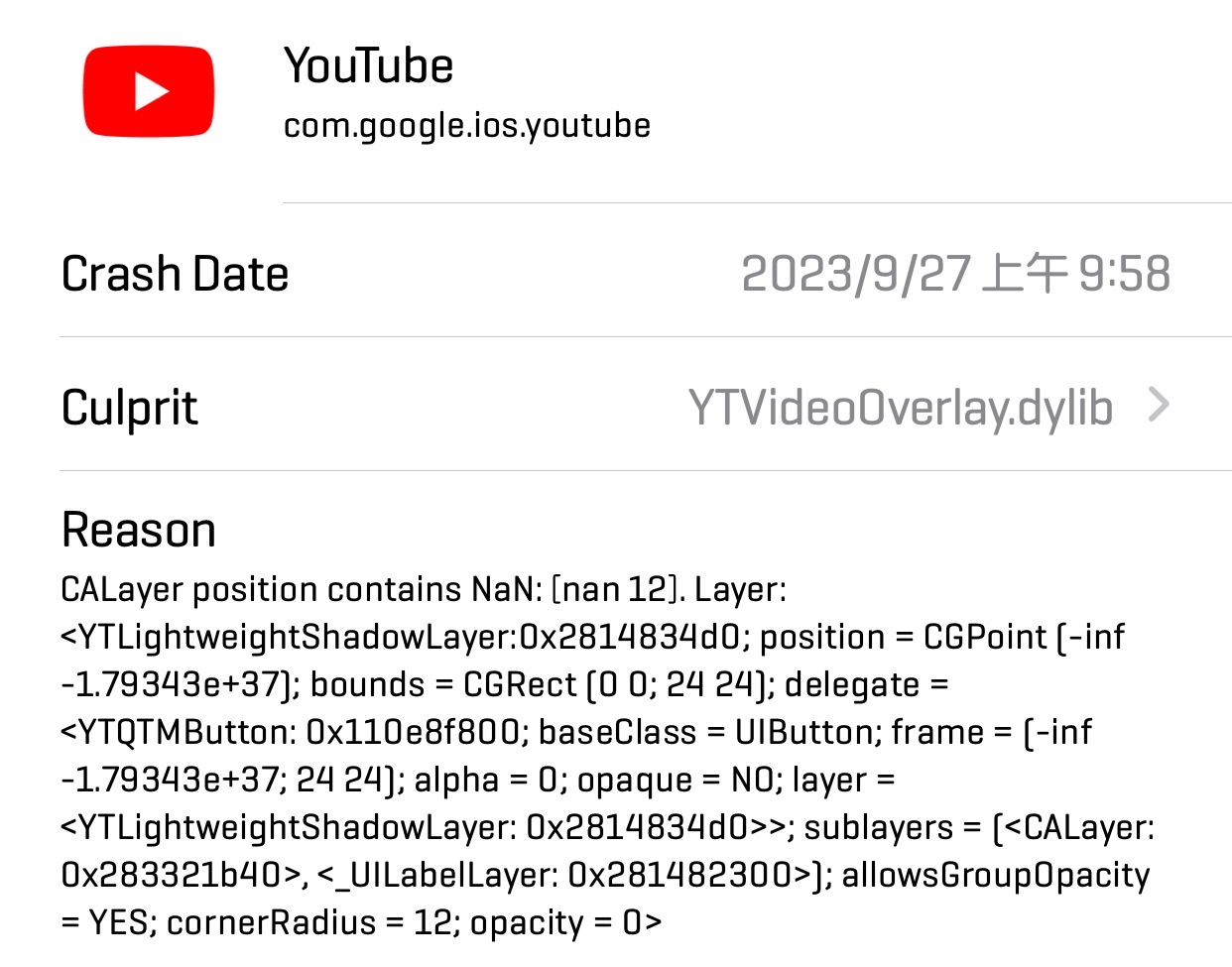 Crash in Shorts · Issue #5 · PoomSmart/YTVideoOverlay · GitHub