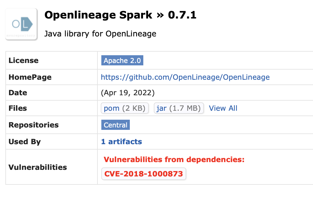spark: Vulnerability `CVE-2018-1000873` · Issue #704 · OpenLineage/OpenLineage · GitHub
