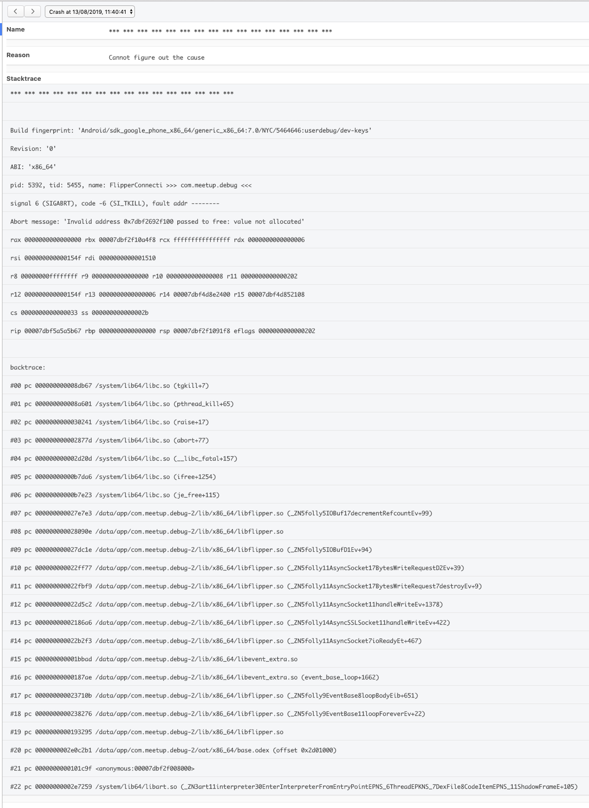 Android: Invalid address passed to free: value not allocated · Issue #517 · facebook/flipper ...