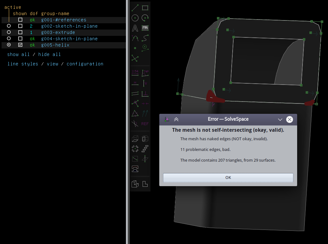 Helix tool almost always results in invalid mesh · Issue #550 · solvespace/solvespace · GitHub
