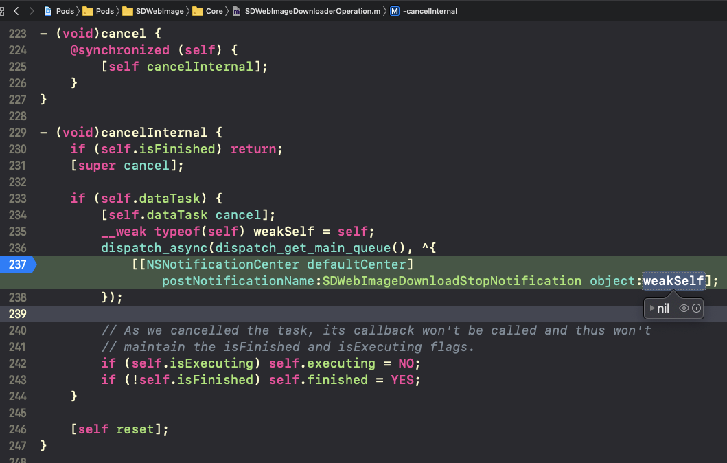 Notification post a nil downloaderOperation objc after cancel operation ...
