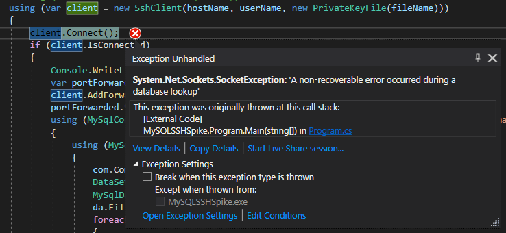 A non-recoverable error occurred during a database lookup · Issue #808 · sshnet/SSH.NET · GitHub