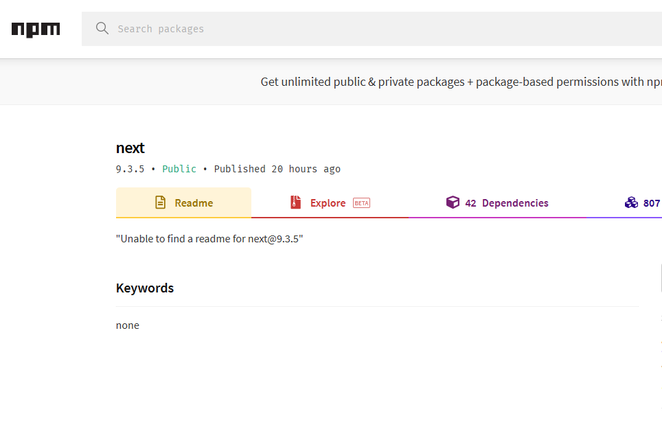 "Unable to find a readme for next@9.3.5" on NPM · Issue #11928 · vercel/next.js · GitHub