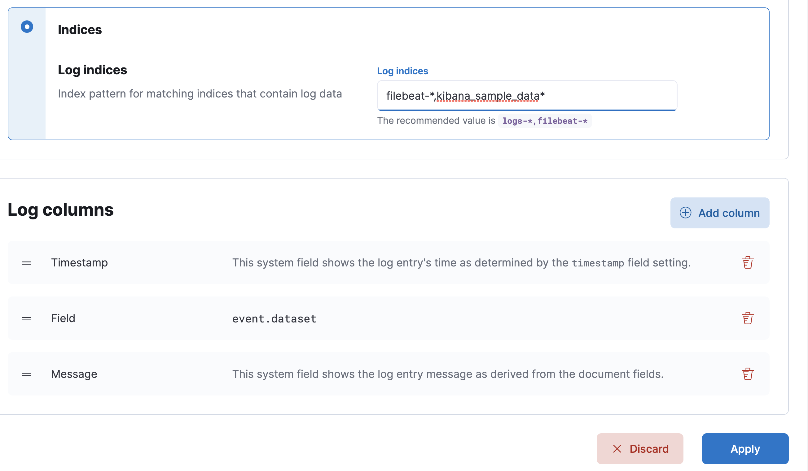 [Logs] Logs stream settings erroneously allow spaces between index ...