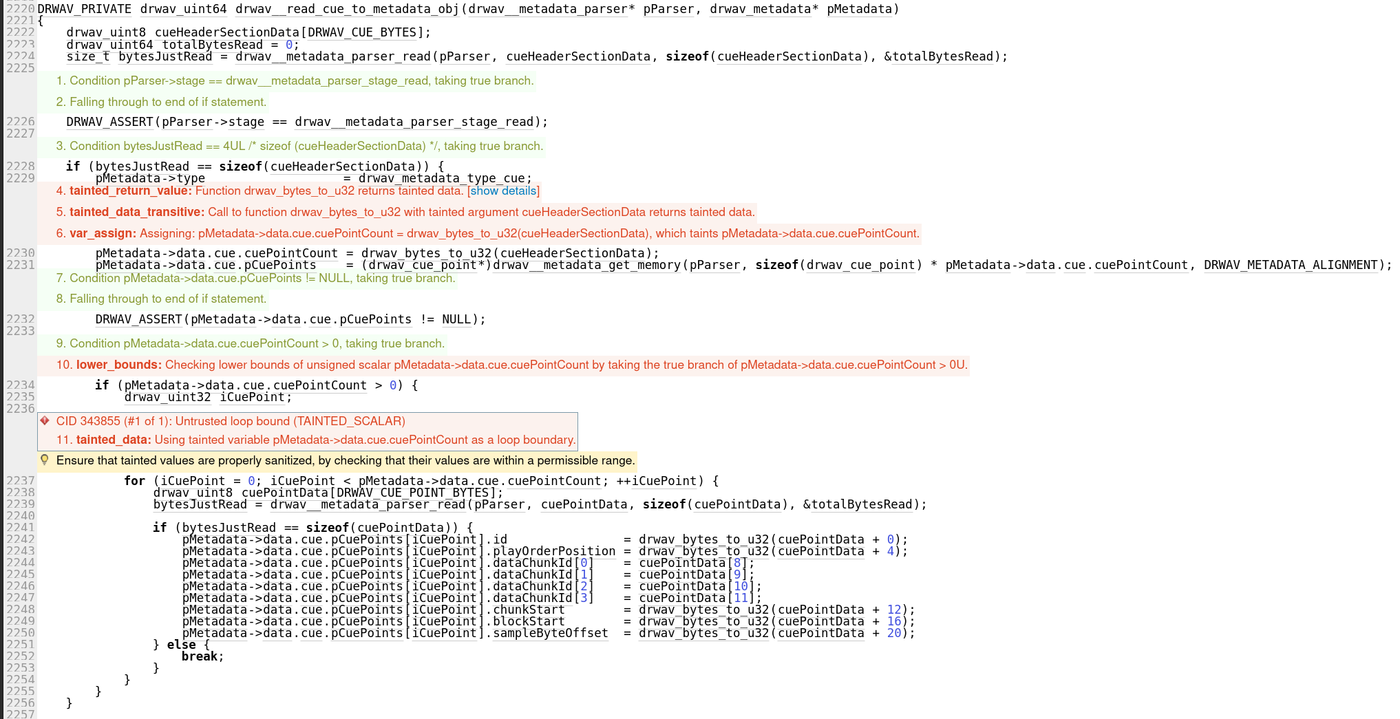 dr_wav (0.13.3): Coverity flagged Untrusted loop bound (CWE-606) · Issue #213 · mackron/dr_libs ...