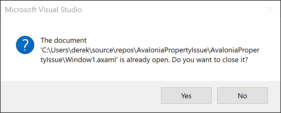 Creating a new document (eg Avalonia Window or Avalonia UserControl) shows "The document is ...