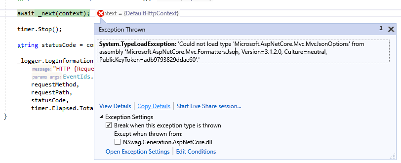 Could not load type 'Microsoft.AspNetCore.Mvc.MvcJsonOptions' (Version=3.1.2.0) in NSwag ...
