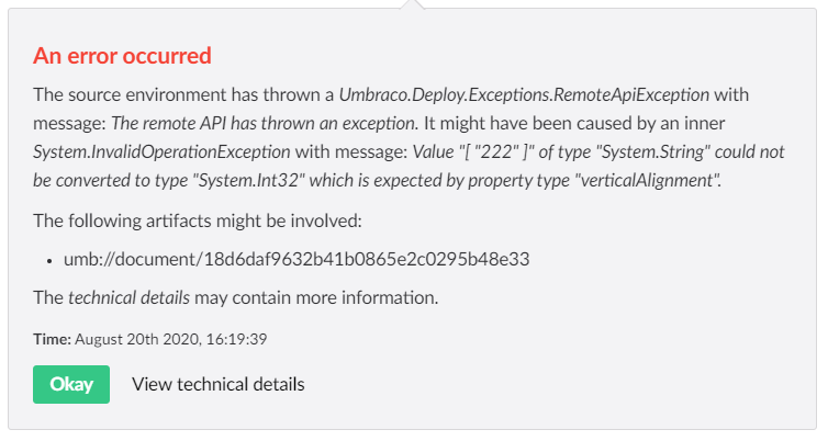 Send changes to the Live workspace: Value "[ "222" ]" of type "System ...