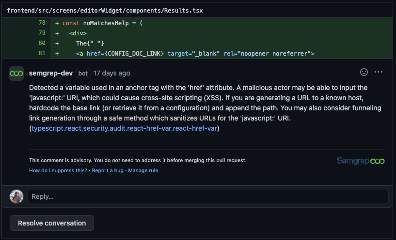 typescript.react.security.audit.react-href-var · Issue #1234 · semgrep/semgrep-rules · GitHub