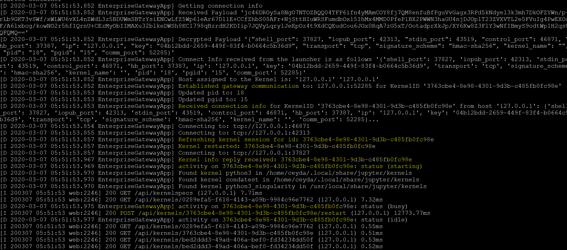 JupyterHub+JupyterLab+JupyterEnterpriseGateway Restart Kernel hangs ...