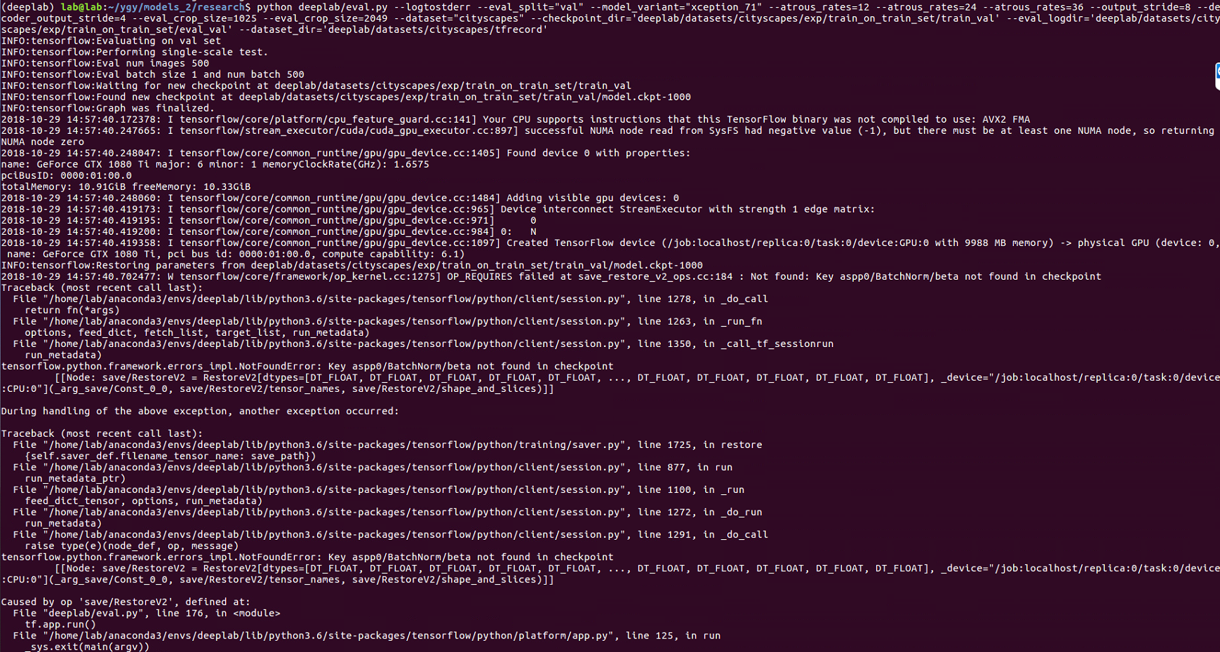 [Deeplab DPC]Running eval/vis.py failed,Key aspp0/BatchNorm/beta not found in checkpoint · Issue ...