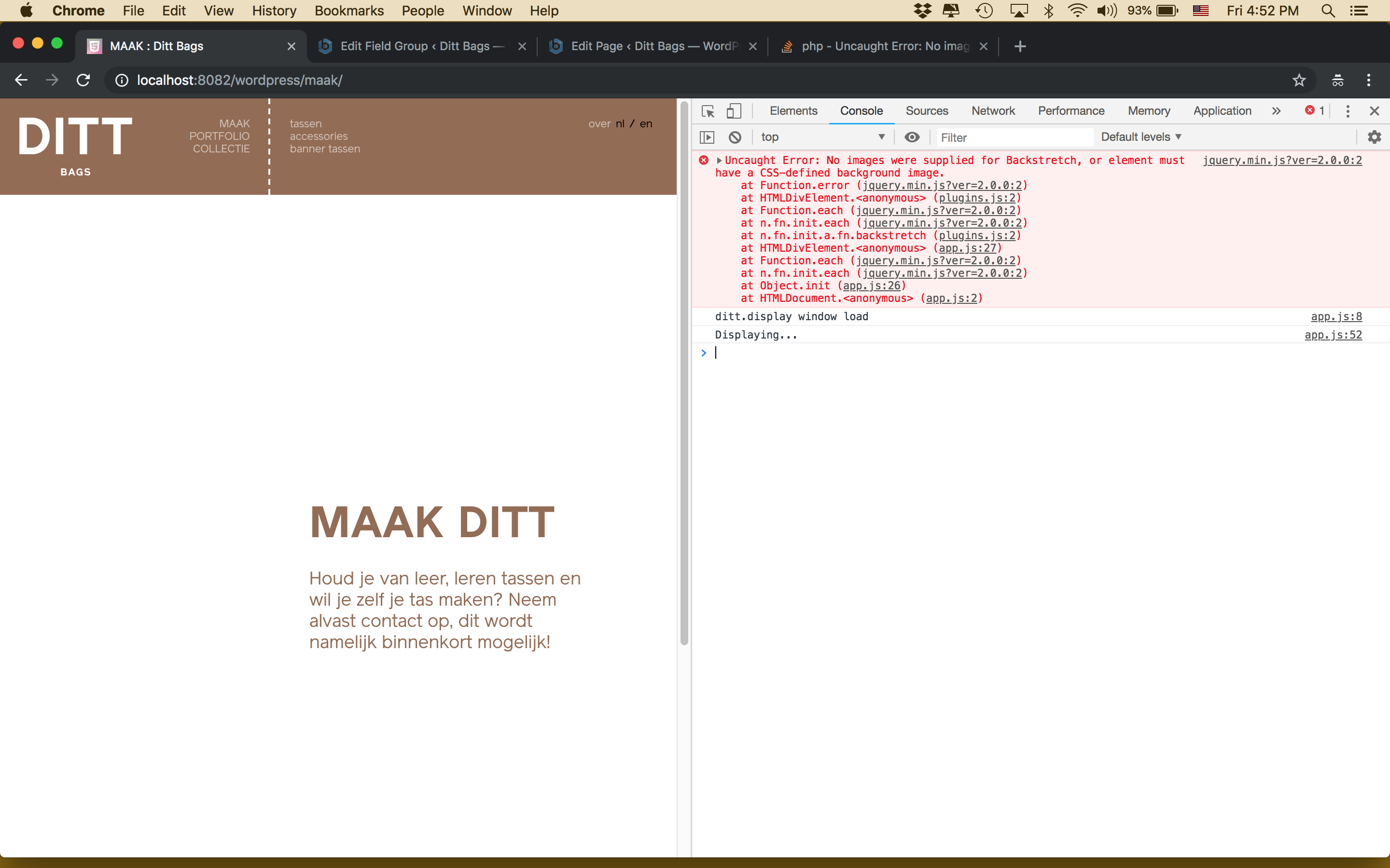 Uncaught Error: No images were supplied for Backstretch, or element must have a CSS-defined ...