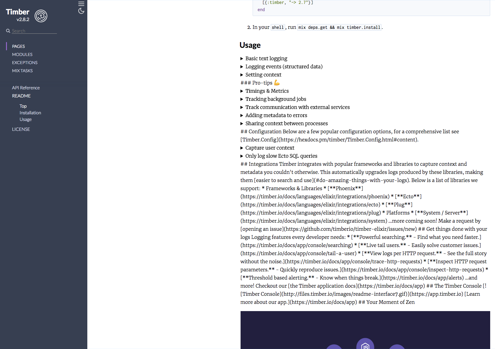 Fix presentation of README on Hexdocs · Issue #209 · vectordotdev/timber-elixir · GitHub