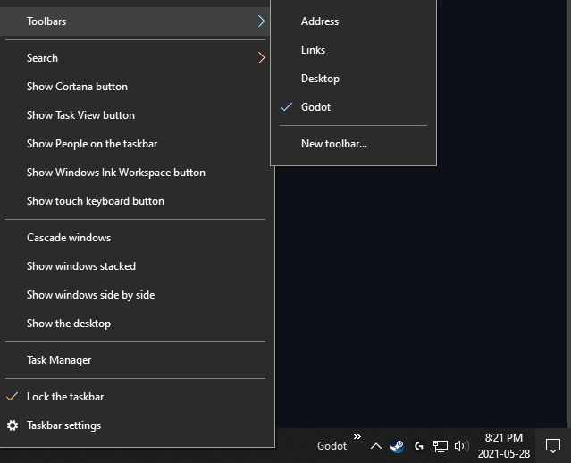 Project Manager crashes if you launch Godot through a taskbar toolbar on Windows 10 (regression ...