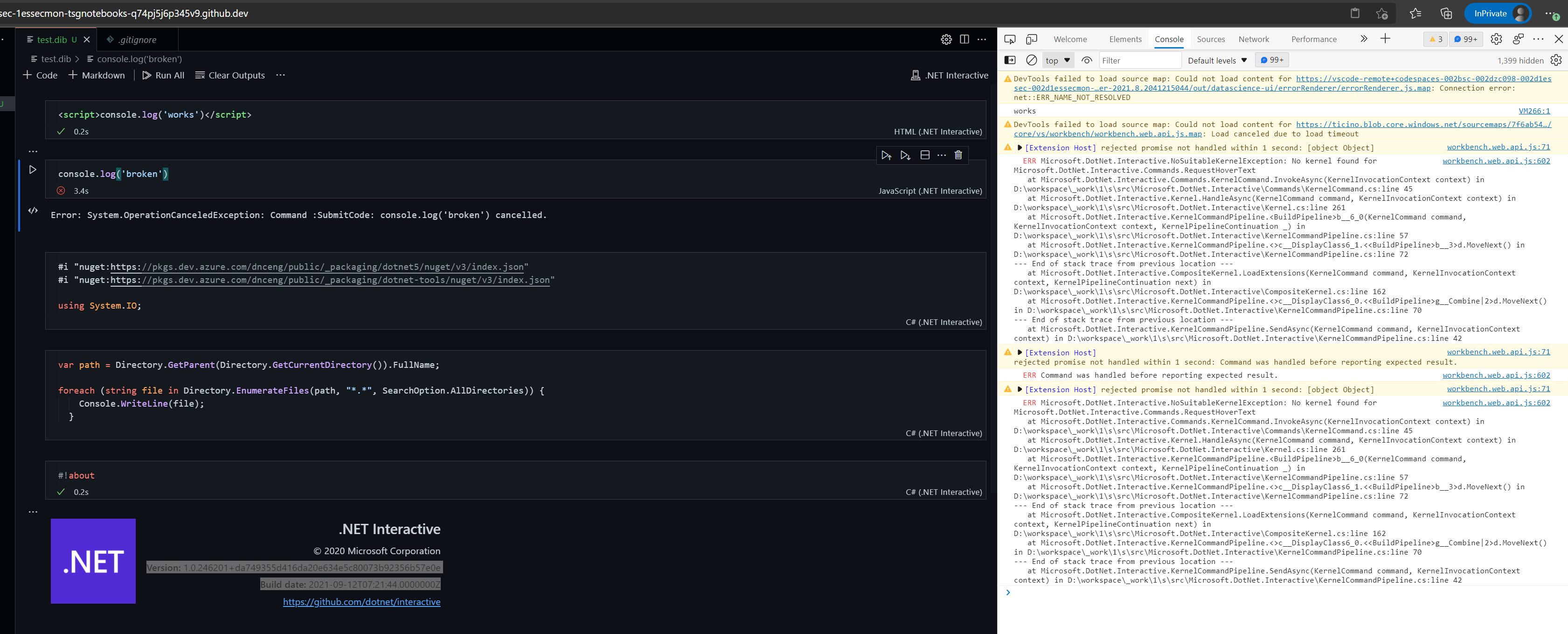 VS Code Online / Codespaces issues running javascript cells · Issue #1613 · dotnet/interactive ...